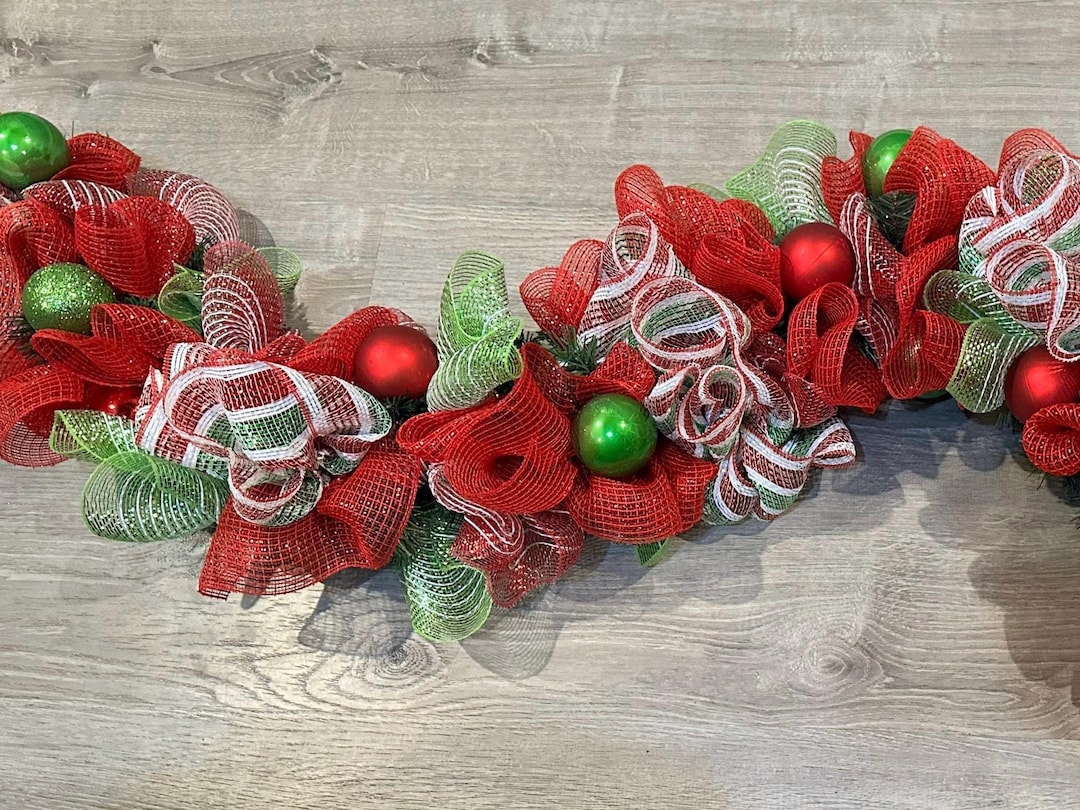 Christmas Garland, Whimsical Red Lime Green and White Mantle Decor ...