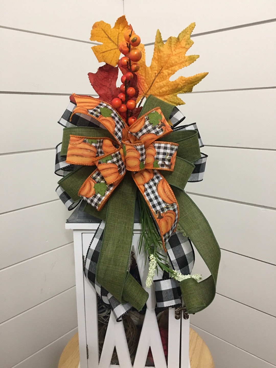 Lantern Swag, Fall Pumpkin Lantern Topper Swag Bow With Buffalo Check ...