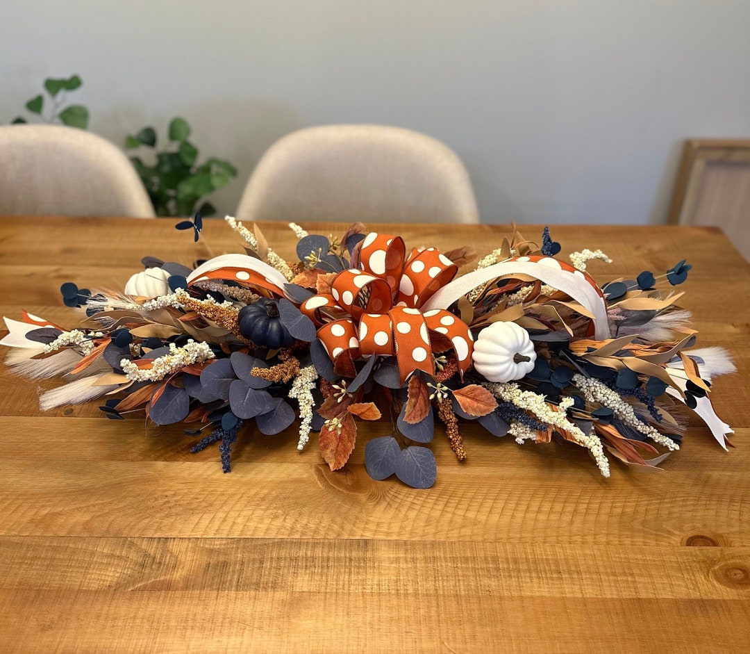 Blue Fall Arrangement With Pumpkins, Autumn Boho Garland Centerpiece ...