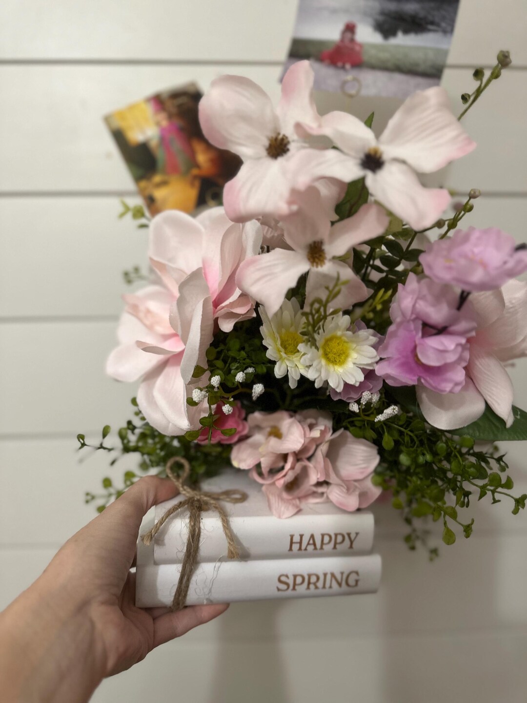 Spring Centerpiece Arrangement, Wooden Book Stack With Flowers, Shelf ...