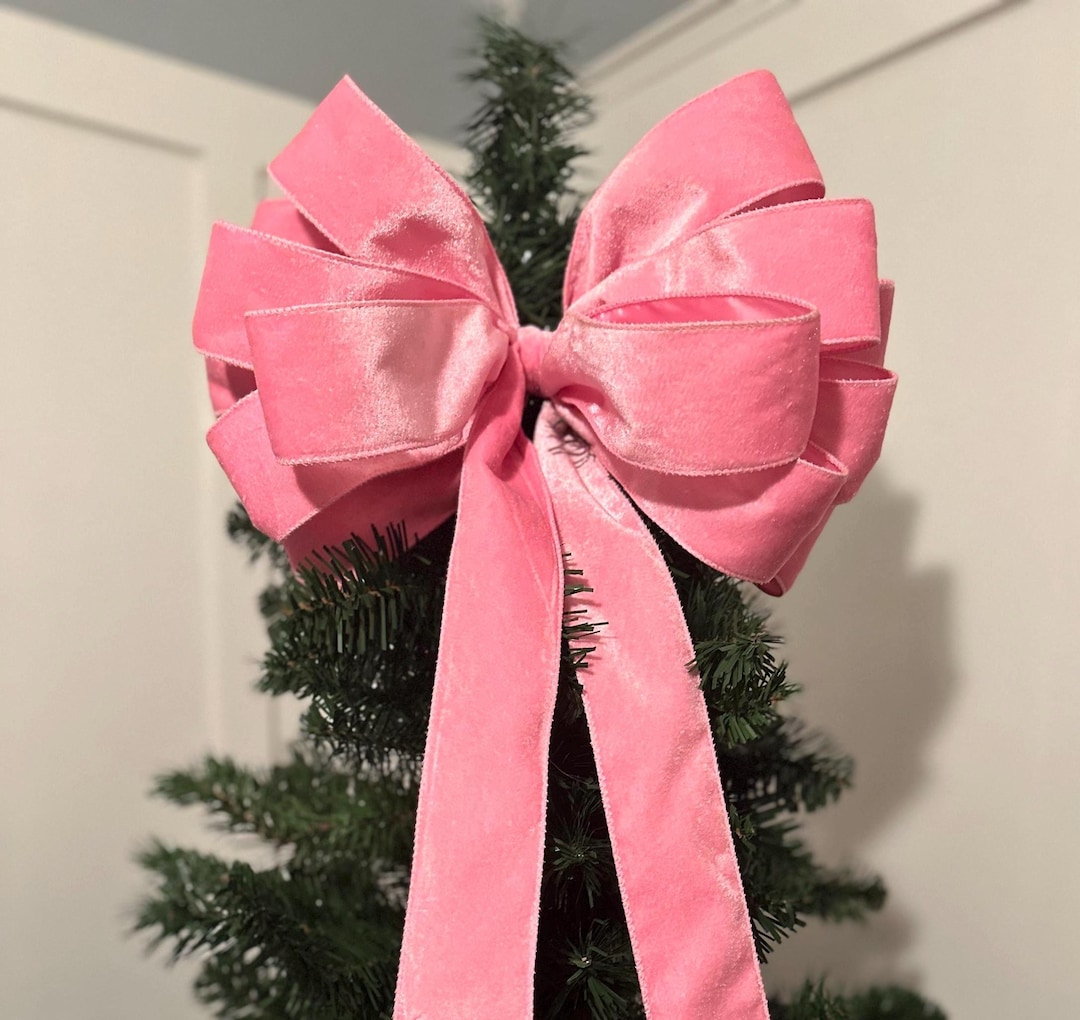Pink Velvet Bow, Hot Pink Christmas Tree Topper Bow, White Christmas ...