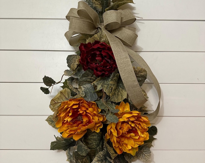 Elegant Neutral Fall Door Swag With Green Burlap Bow, Cream Pumpkins ...
