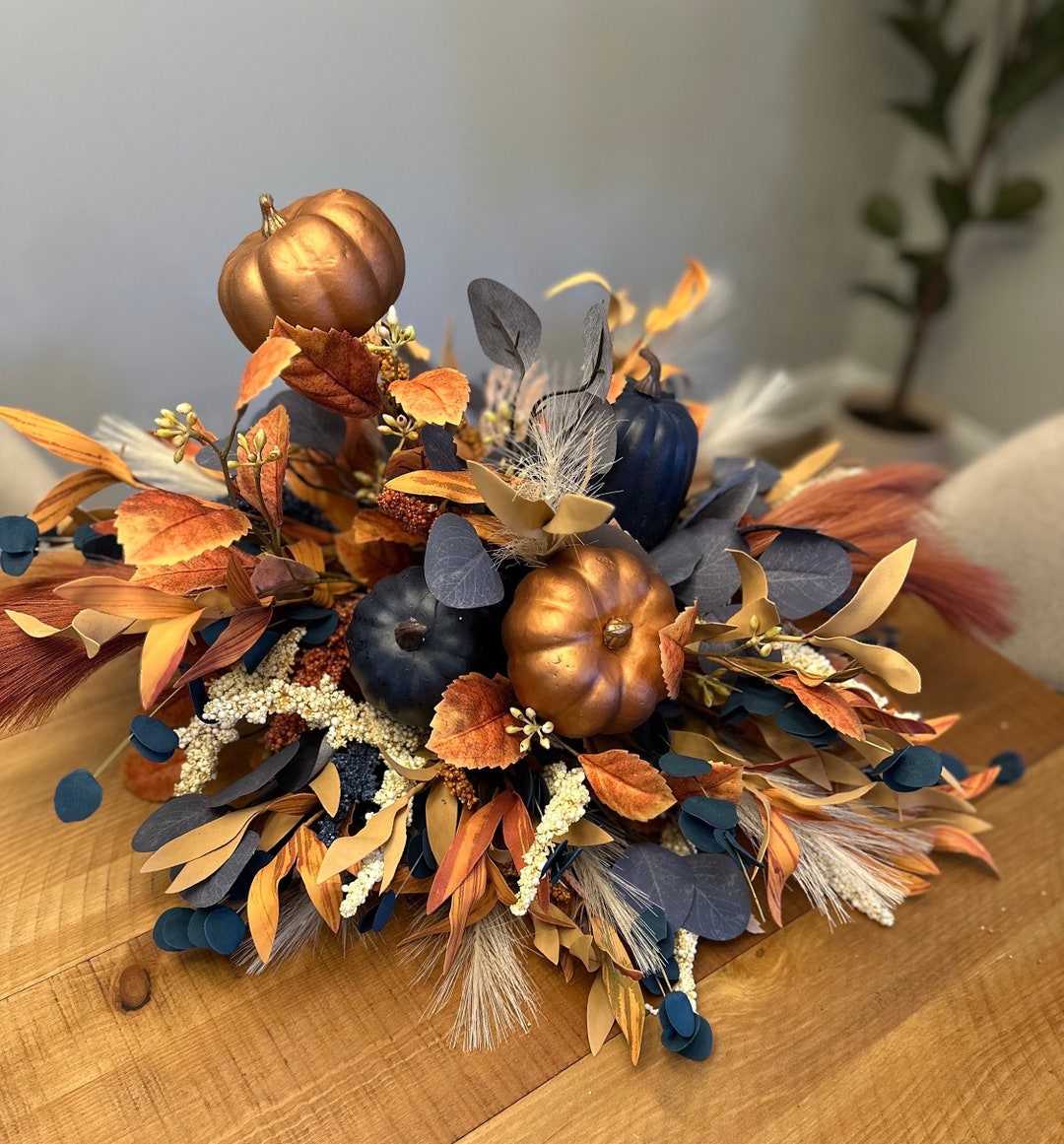 Blue Fall Arrangement With Pumpkins, Autumn Centerpiece With Eucalyptus ...