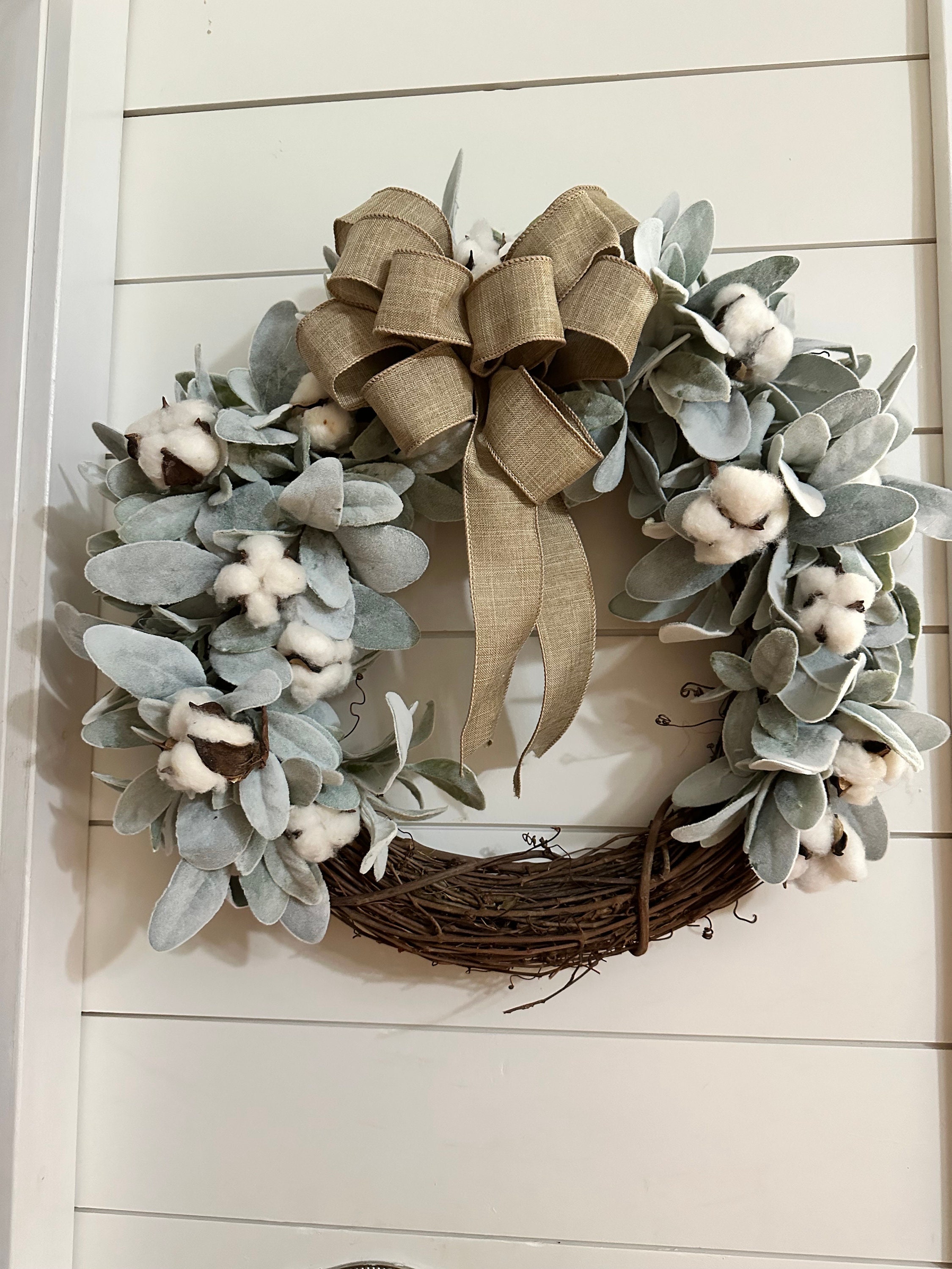 Lambs Ear & Cotton Boll Wreath: Farmhouse Kitchen Cabinet Decor - Etsy