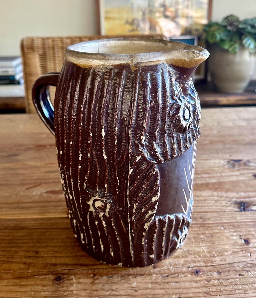 Primitive 19th C Rustic Faux Bois Pitcher, Brown Salt Glaze Stump ...