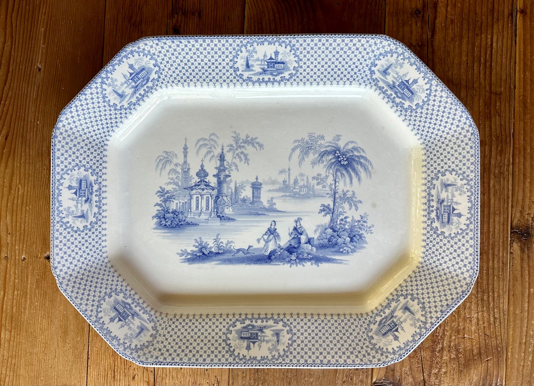 Antique Wedgewood Blue Transferware Large Ironstone Platter, Milesian ...
