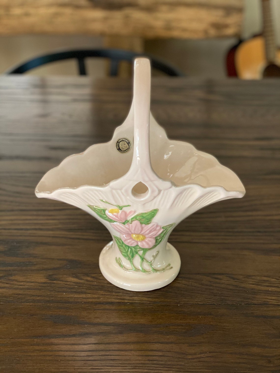 Hull Art Pottery Large Basket Vase Blush Pink With Magnolia | Etsy