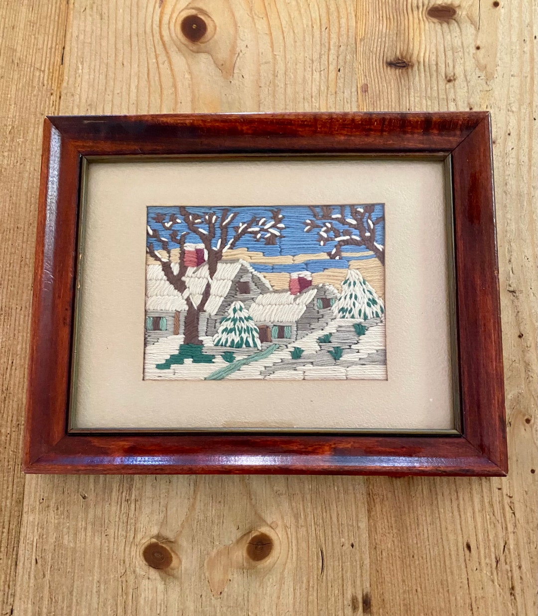 Vintage Framed Needlepoint of Snowy House, Vintage Crewel Embroidery ...