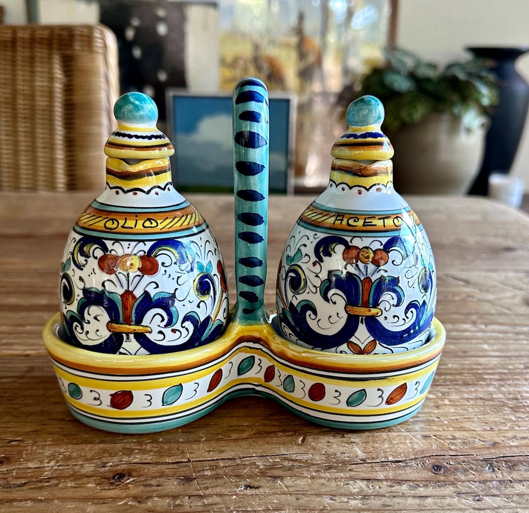 Vintage Italian Deruta Ceramic Vinegar and Oil Cruet Set, Hand Painted ...