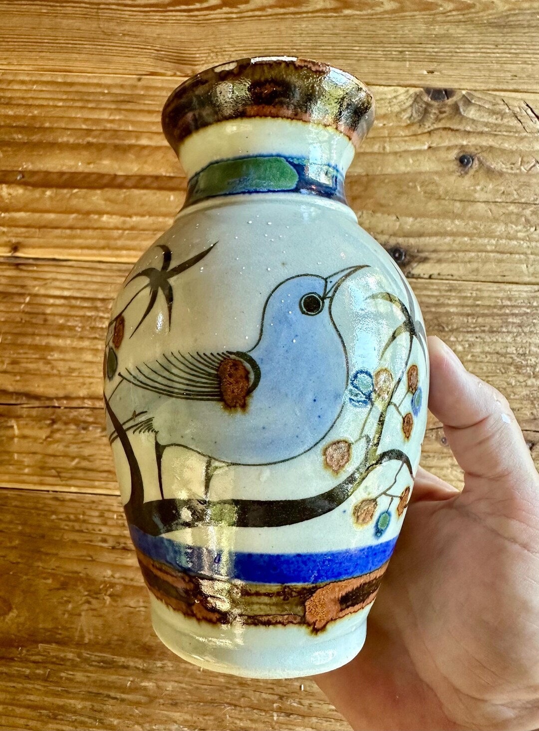 Vintage Ken Edwards Style Pottery Vase: Hand-painted Bird & Flowers - Etsy