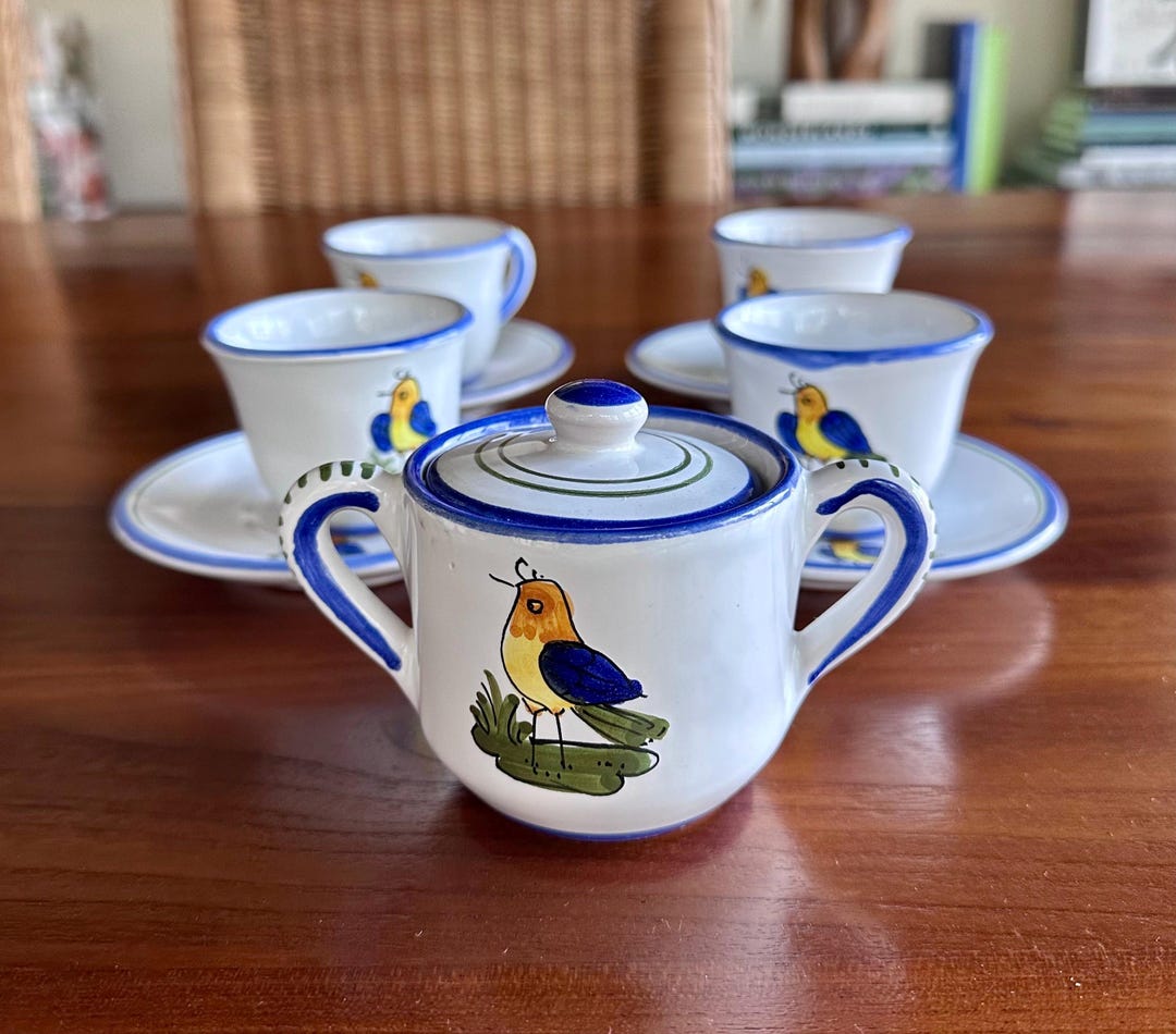 Vintage Deruta Italian Hand-painted Espresso Set, Folk Bird Motif, Cups ...