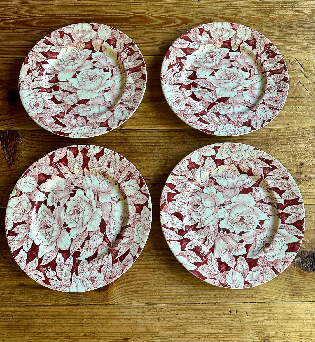 English Staffordshire Myott Bermuda Pattern 4 Dinner Plates Pink/red ...