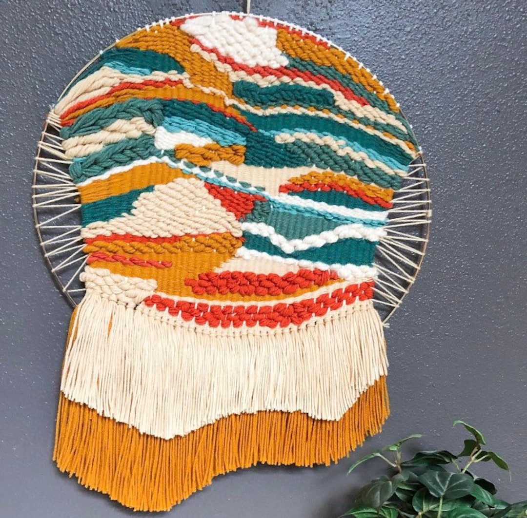 GILLY: Large 20” Circular Woven Wall Hanging With Blue, Orange, Yellow ...
