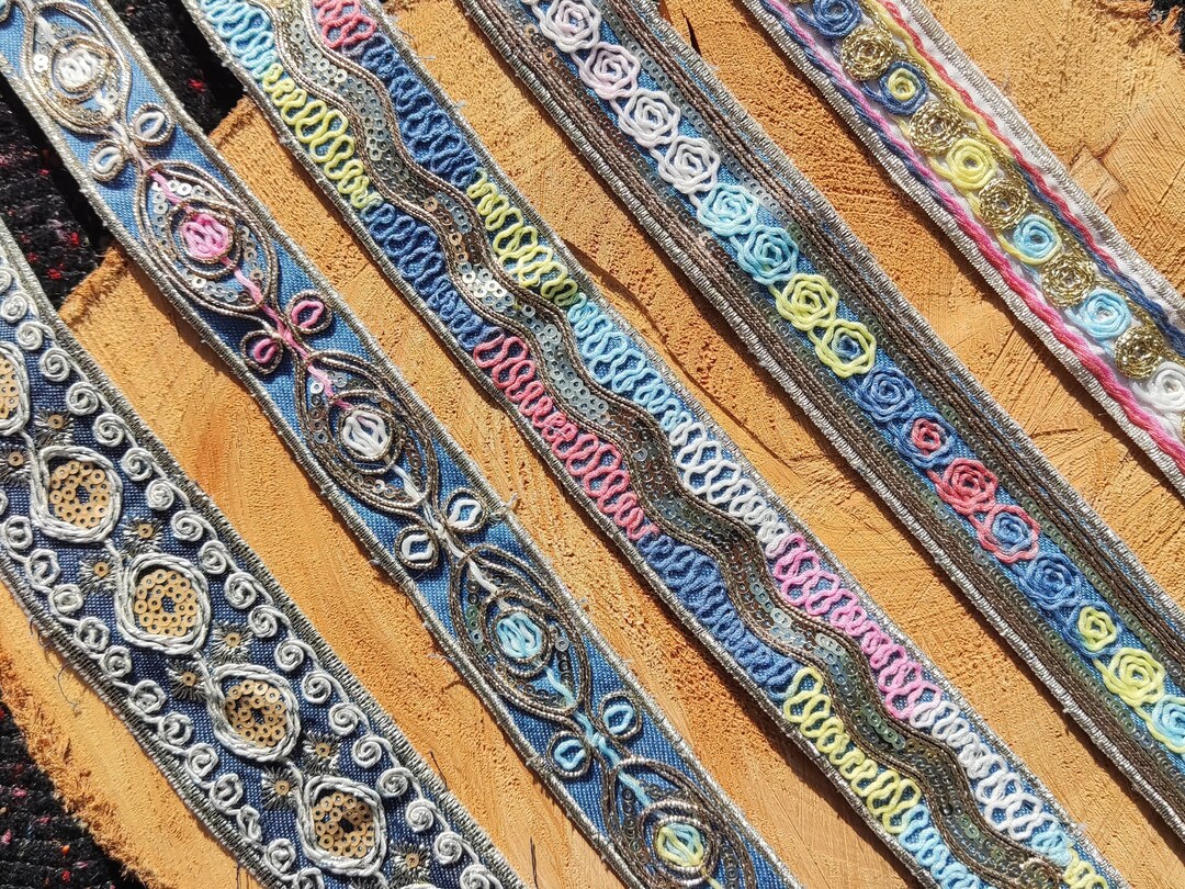 Embroidered Denim Trim/edging With Sequins and Metallic Thread- per ...