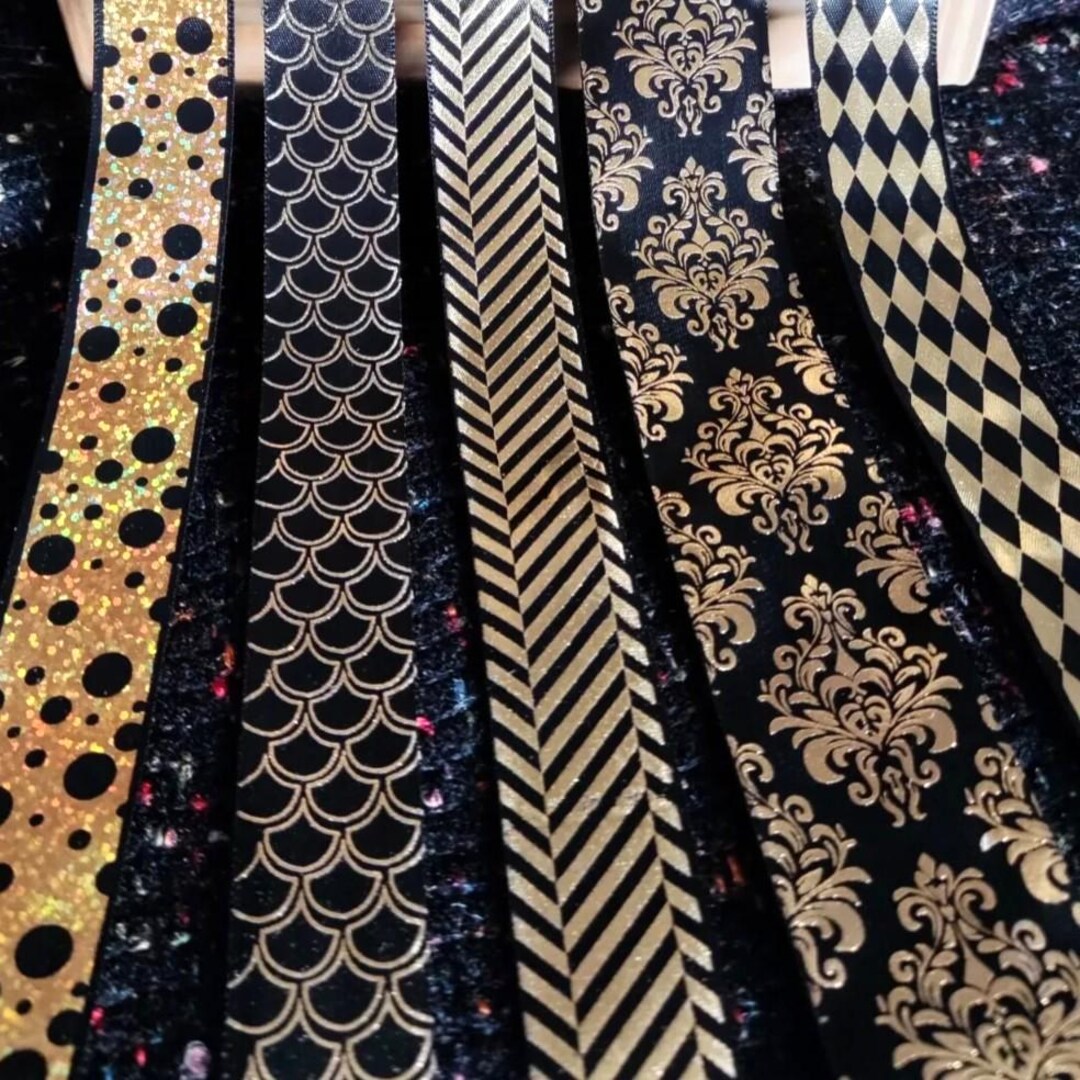 Black & Gold Satin Ribbon by the Yard- Art Deco Geometric Pattern ...