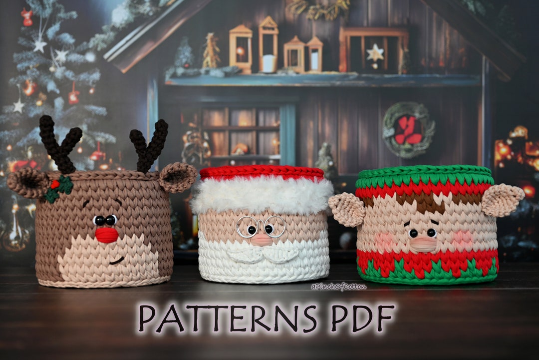 Christmas Baskets - Crochet PATTERNS Set; 3 Crochet Basket Patterns PDF: Reindeer, Elf, Santa ...