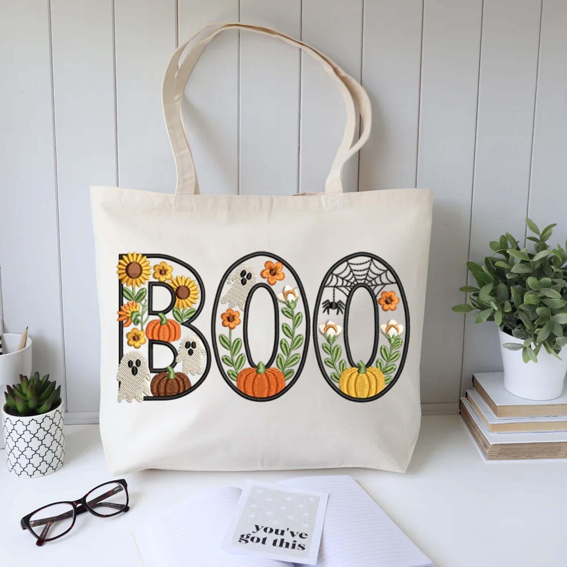 Floral BOO Halloween Embroidery Design: Ghosts, Pumpkins (digital ...