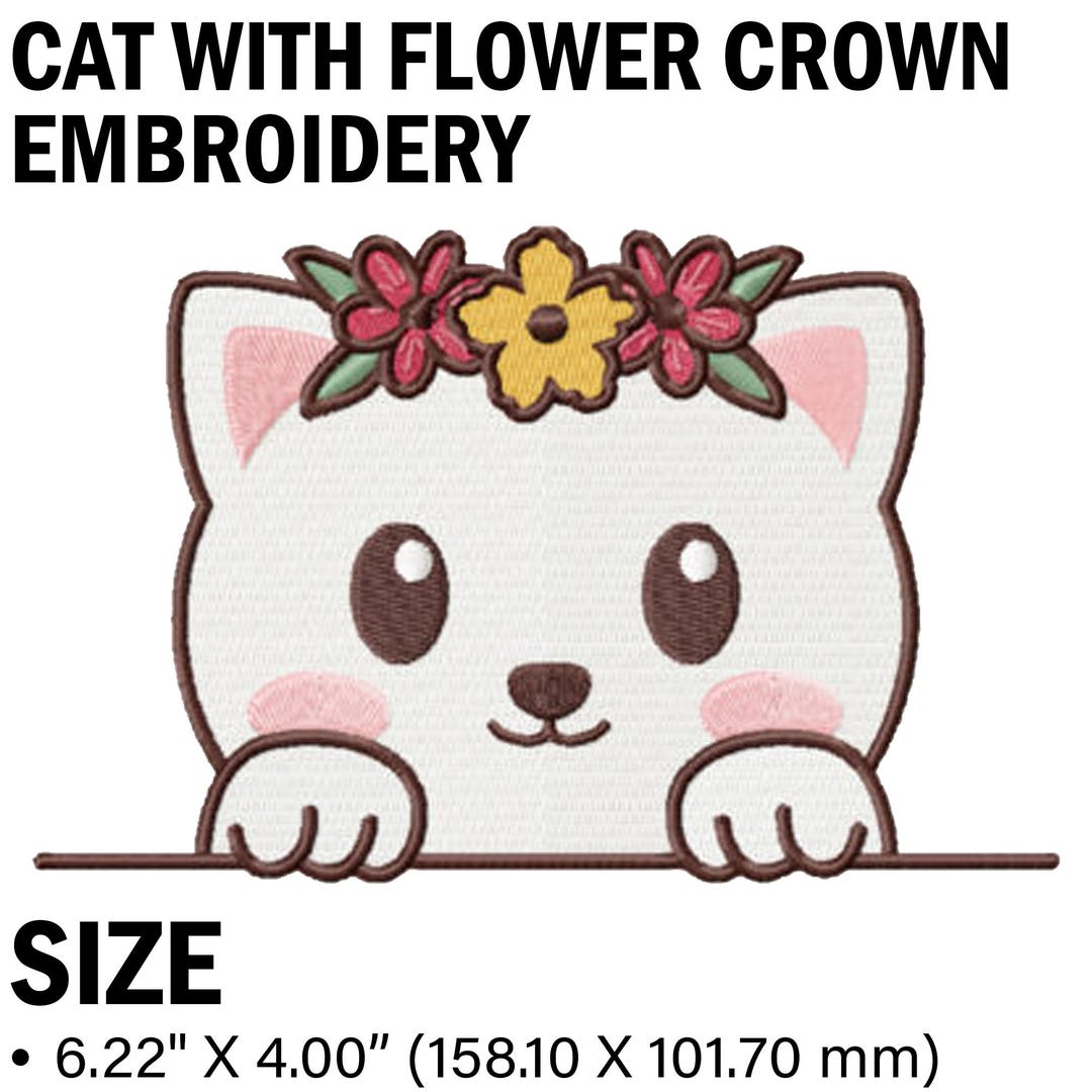 Cat With Flower Crown Embroidery Design, Kitty Embroidery Designs ...