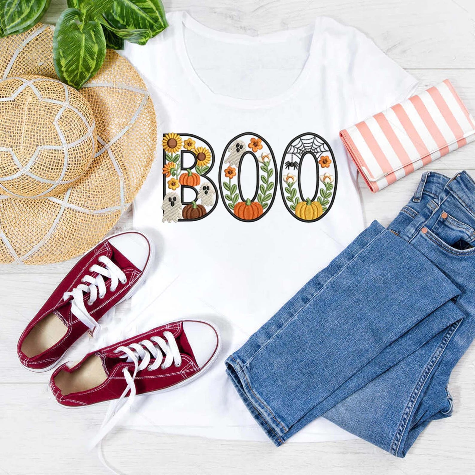 Floral BOO Halloween Embroidery Design: Ghosts, Pumpkins (digital ...