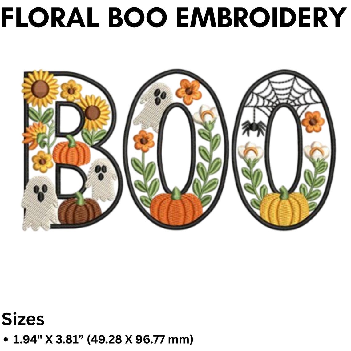 Floral BOO Halloween Embroidery Design: Ghosts, Pumpkins (digital ...