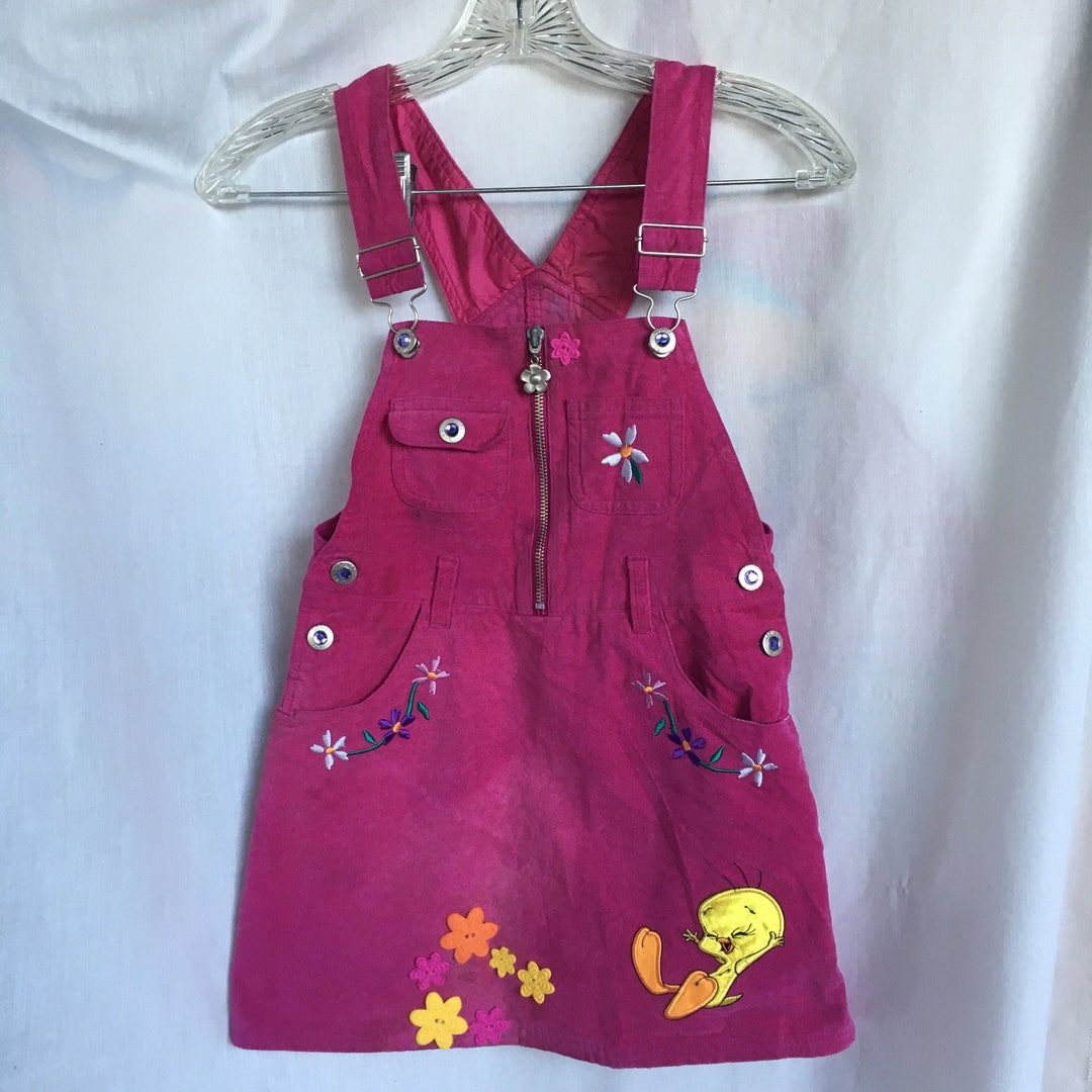 Vintage 90s Looney Tunes Tweety Bird Jumper Dress Hot Pink Velveteen W ...