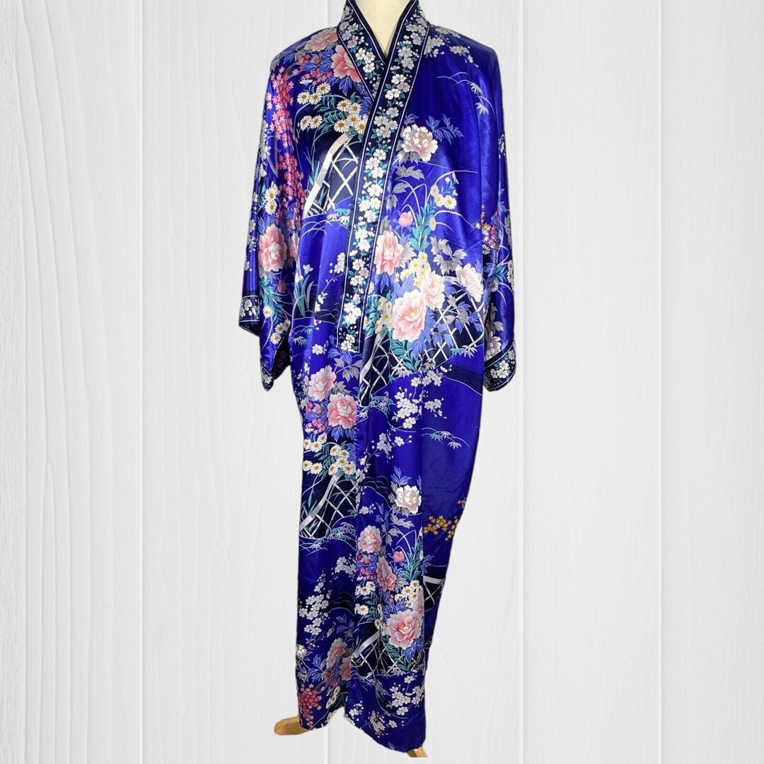 Vintage Womens Kimono Robe Royal Blue Satin Floral Japan Full Length ...
