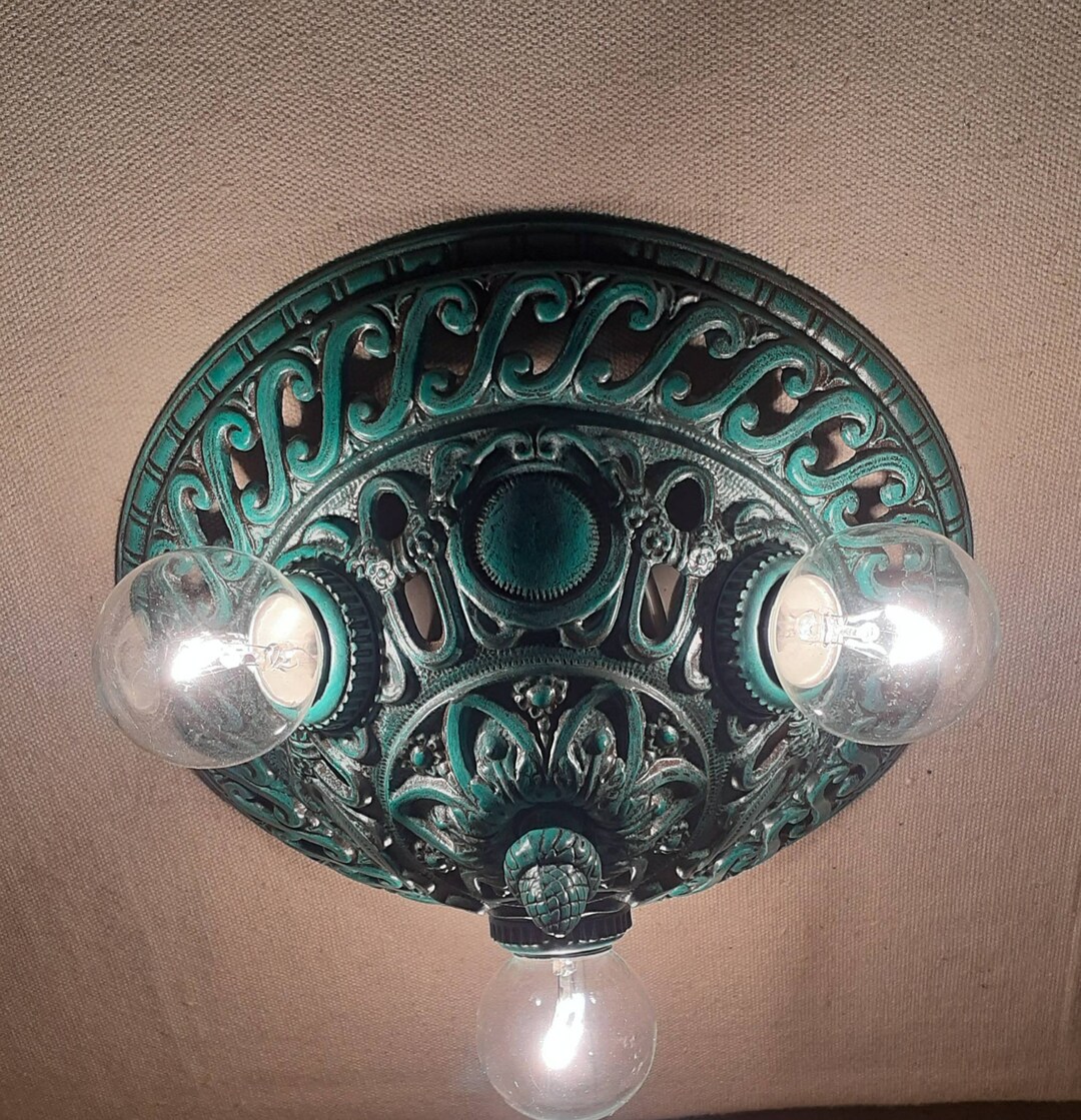 Amazing Verdigris Vintage Rare Victorian 1920s 1930s Flush Mount 3 Bulb ...