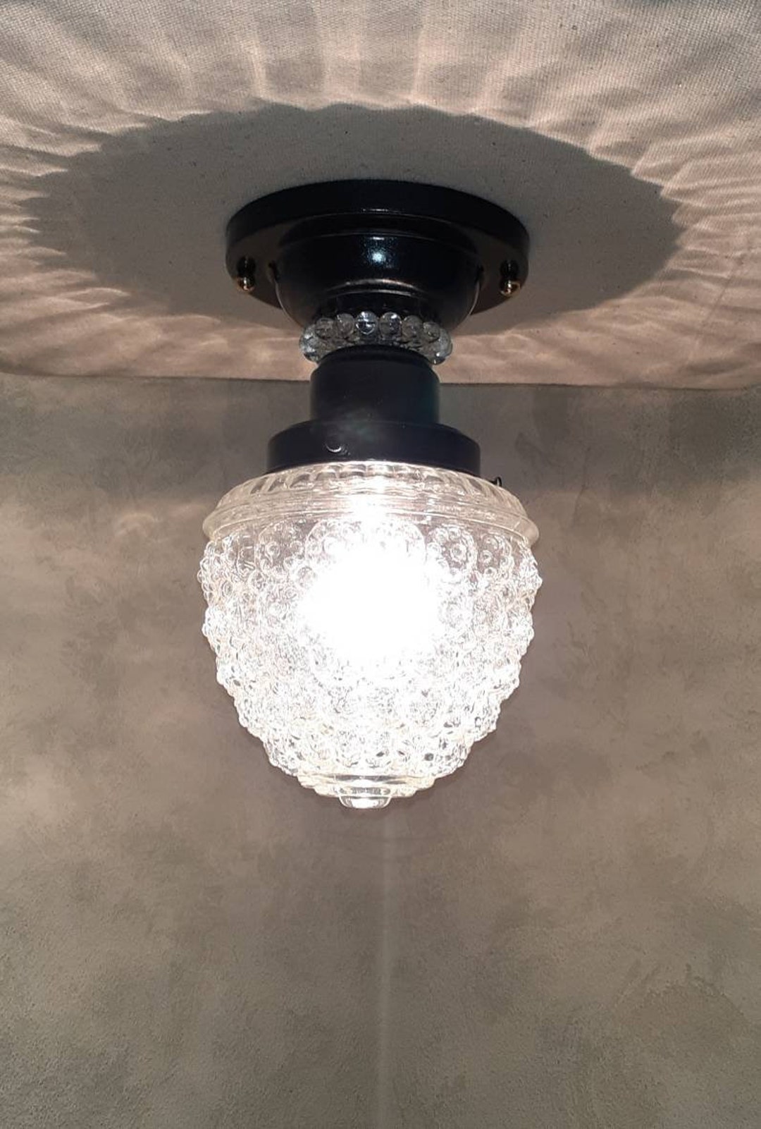 Antique Flush Mount Ceiling Fixture Raised Hobnail Glass Globe With ...