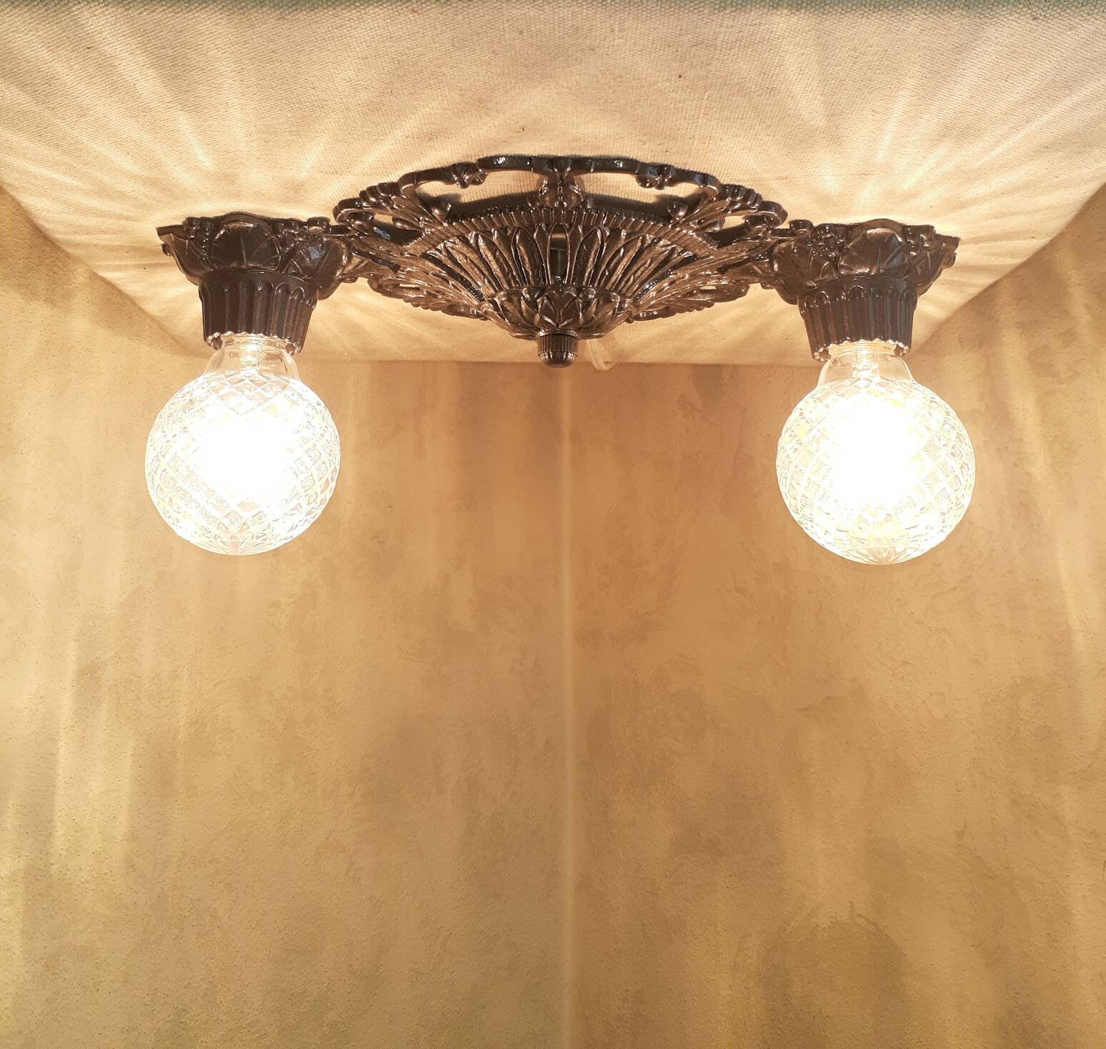 Antique Vintage 1920s 1930s Art Deco Victorian 2 Bulb Light Flush Mount ...