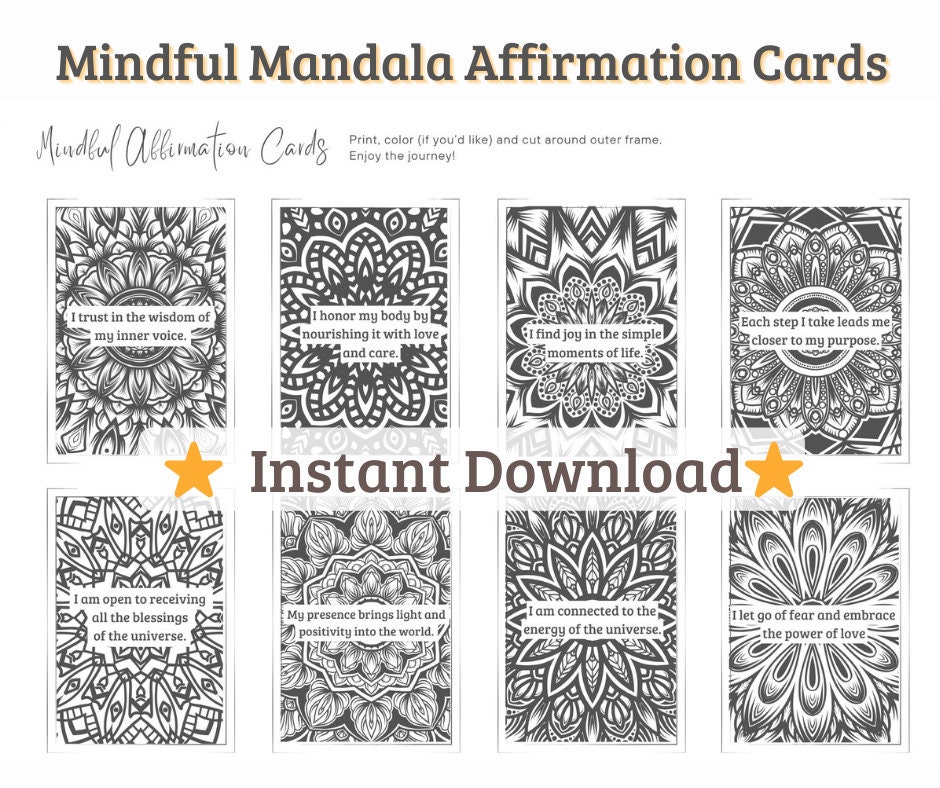 63 Printable Mindful Mandala Affirmation Card. Black and White Mindful ...