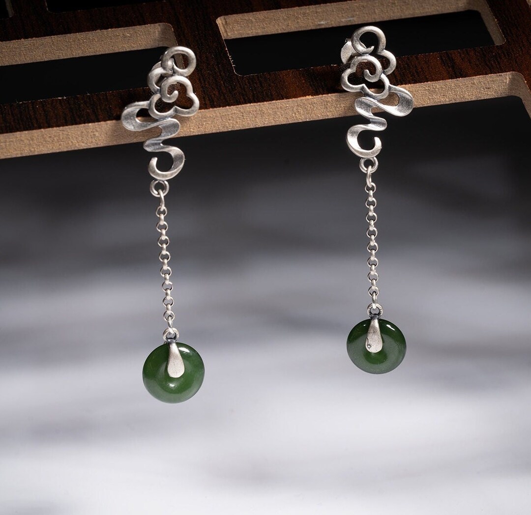 Green Nephrite Circle Jade With Auspicious Clouds Pattern 925 Sterling ...