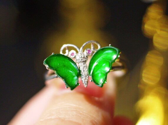Grade A Imperial Vivid Emerald Green Jadeite Butterfly Ring With Ruby and Diamonds in 18K Solid White or Yellow Gold US Size 6.75 Resizable Etsy