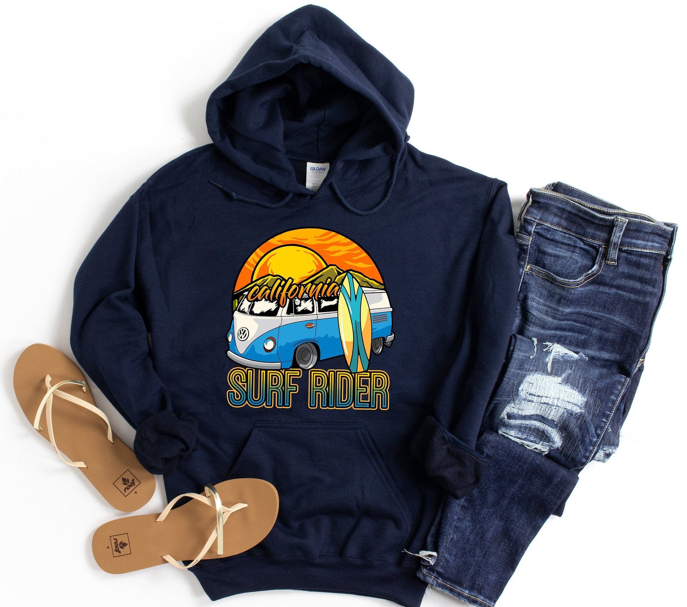Surf Rider Sunset Design / Vintage Surfer Van Unisex Pullover Hoodie ...