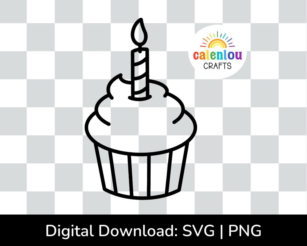 Birthday Cupcake Outline SVG Cut File, Dessert PNG Clipart (commercial ...