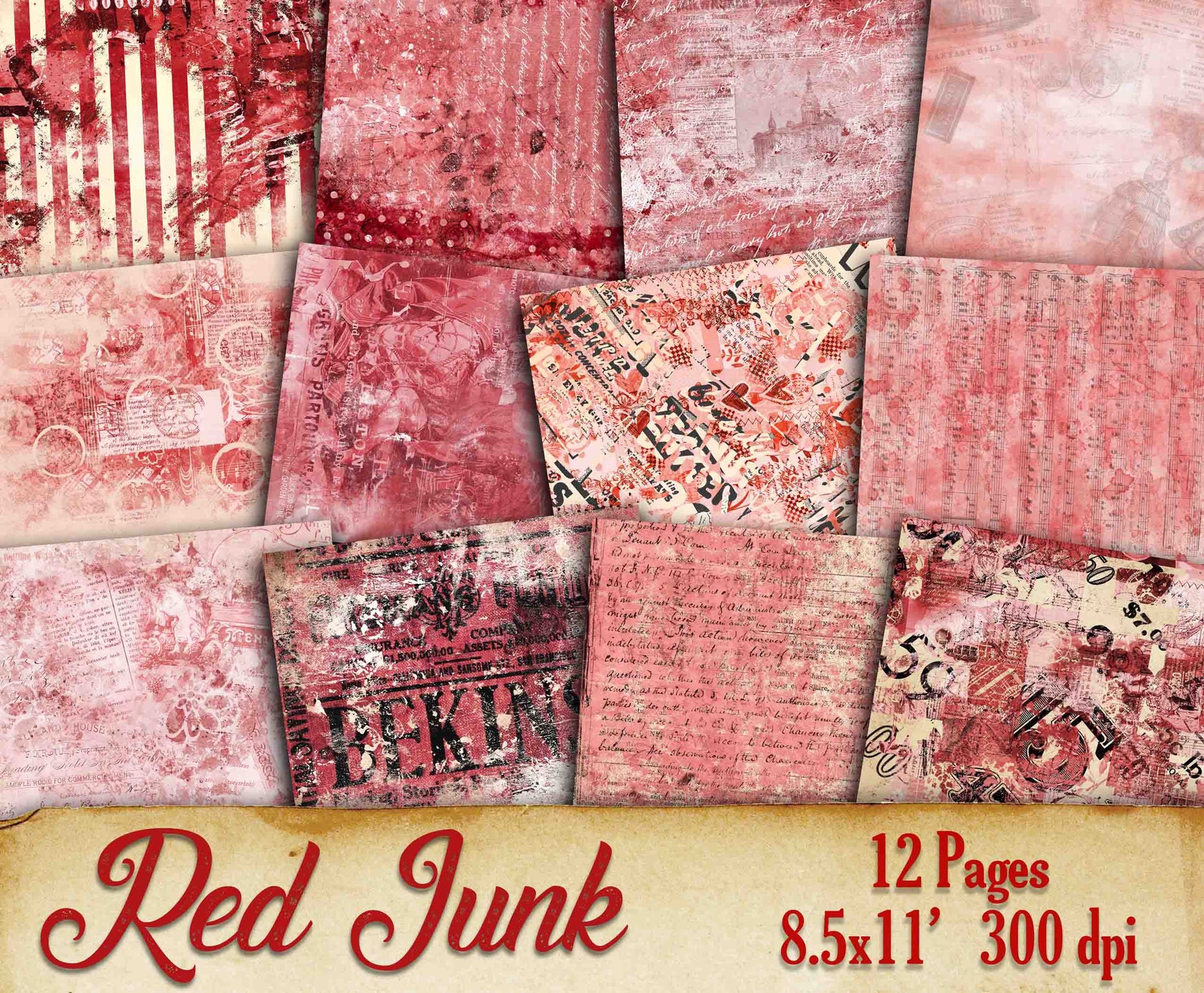 Red Printable Junk Journal Pages, Red Ephemera, Vintage Red Ephemera ...