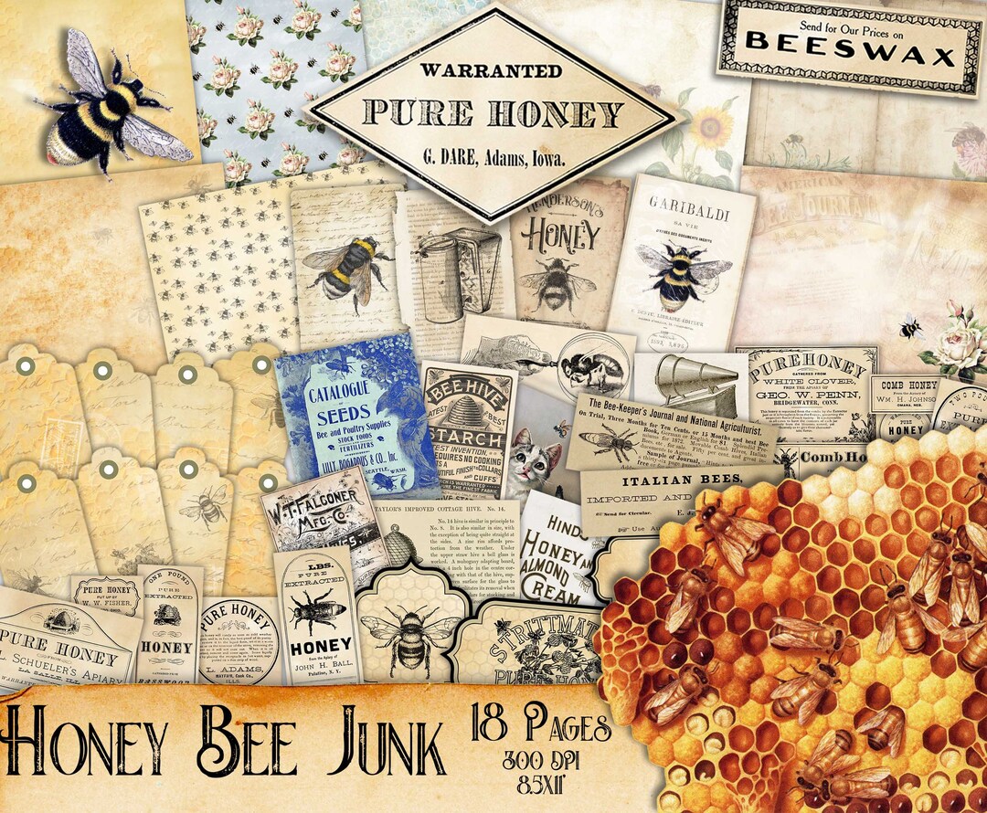 Vintage Honey Bee Printable Junk Journal Kit, Vintage Bee Ephemera ...