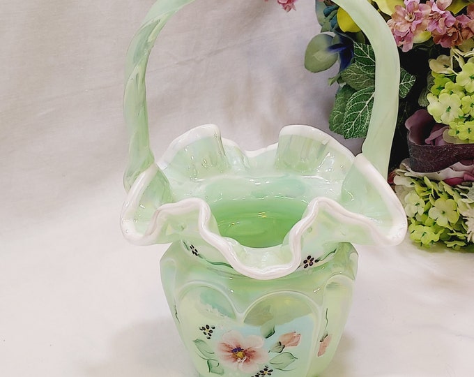 Fenton Art Glass Basket Sea Foam Green Satin Finish Signed George ...