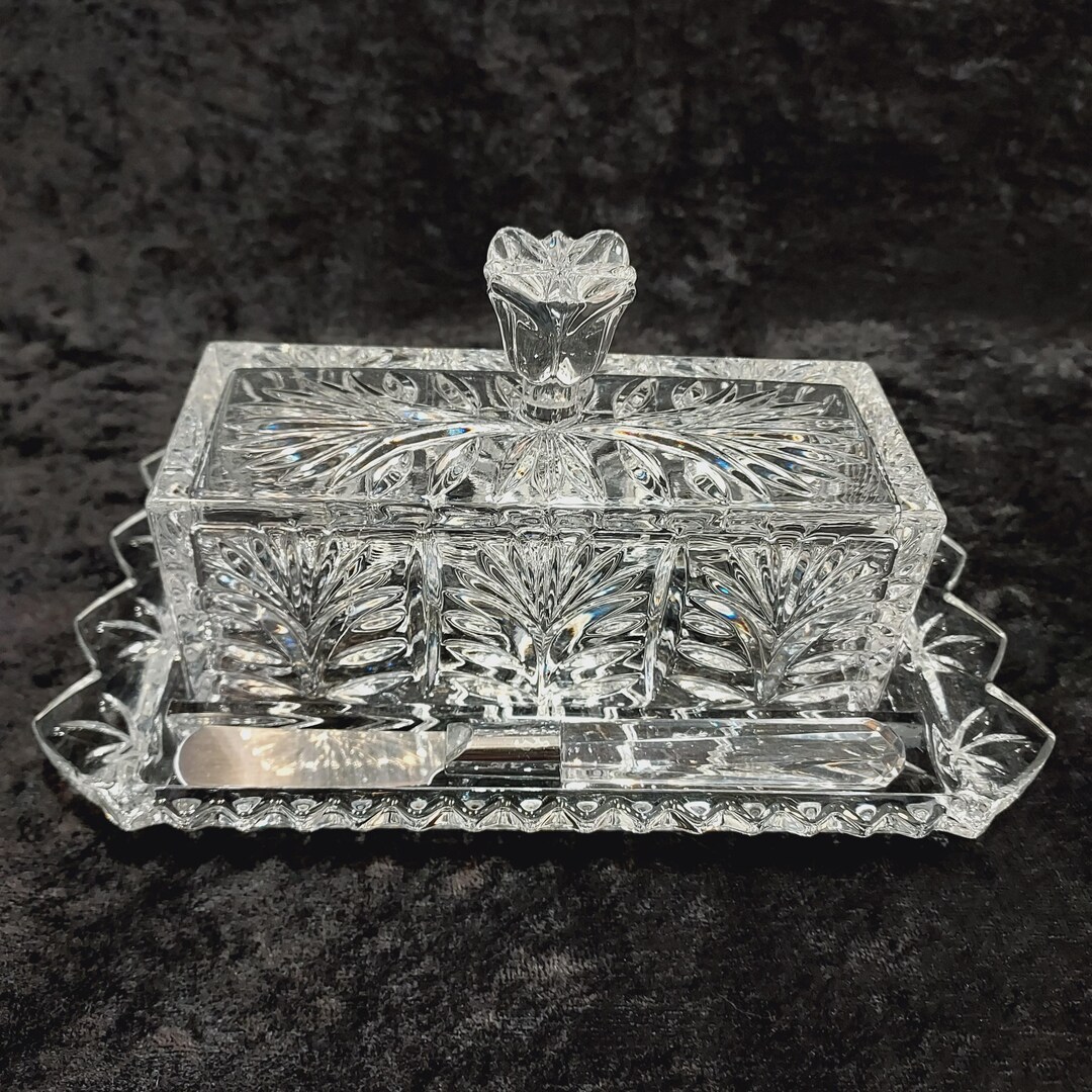 Ornate Crystal Covered Butter Dish & Two Spreaders Portico 1/4 Lb Stick ...