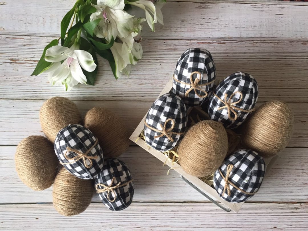 Buffalo Check Rag Eggs, Twine Eggs, Rustic Easter, Buffalo Plaid Easter ...