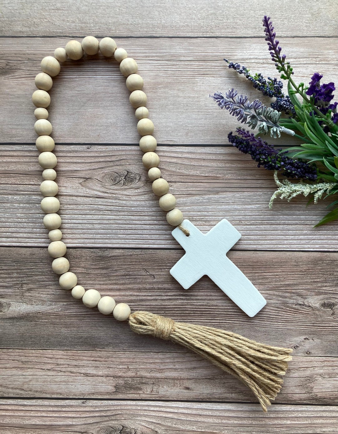 Wood Bead Cross Garland | Rustic Cross Garland | Farmhouse Tassel ...