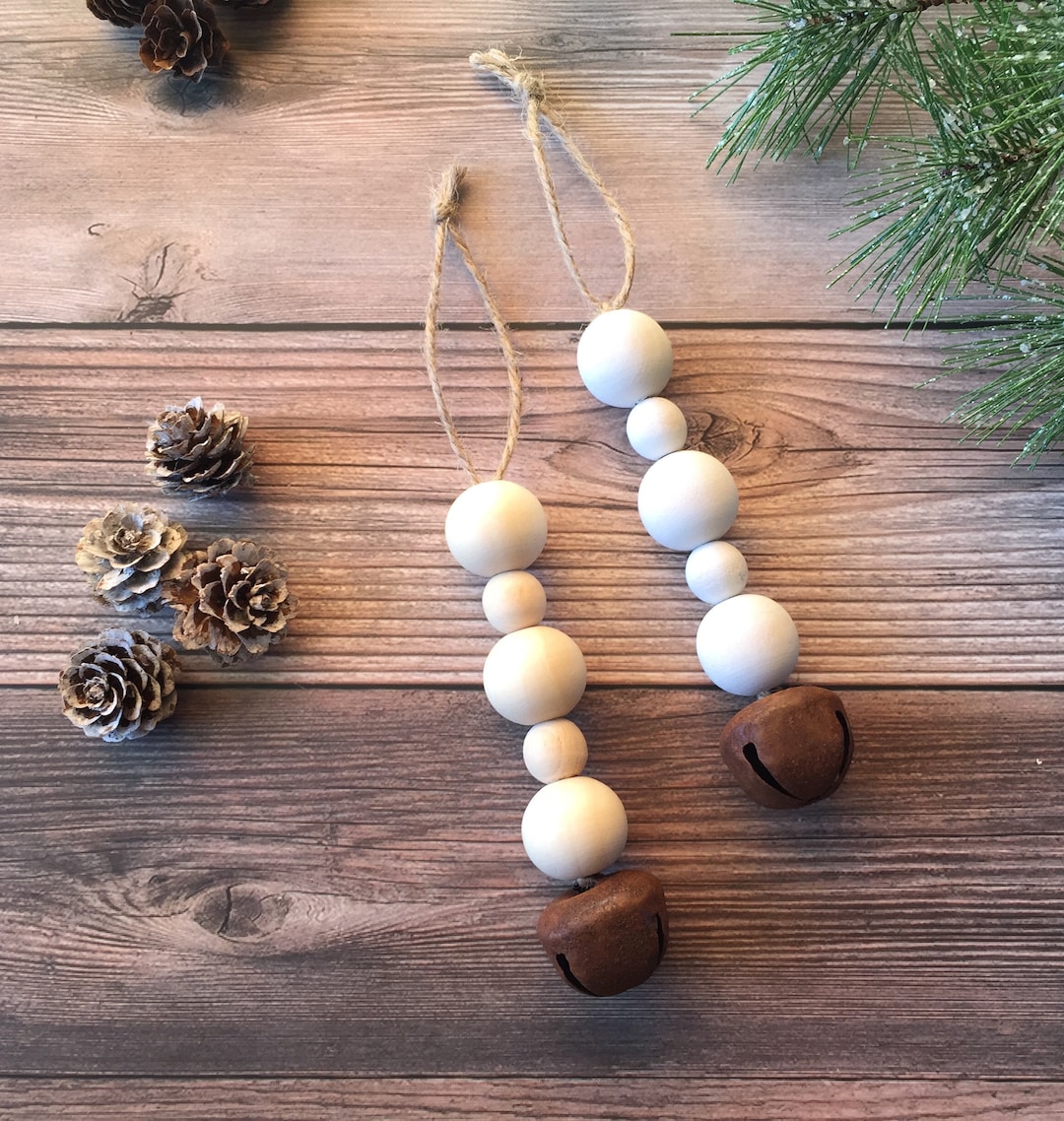 Rustic Jingle Bell Ornament | Wood Bead Ornament | Door Handle Jingle ...
