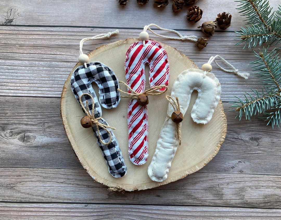 Hand Stitched Candy Cane Christmas Ornament | Rustic Jingle Bell Decor ...