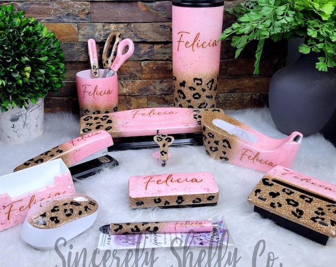 Leopard Desk Set - Custom Ombre Office Supplies | Glitter Stapler ...