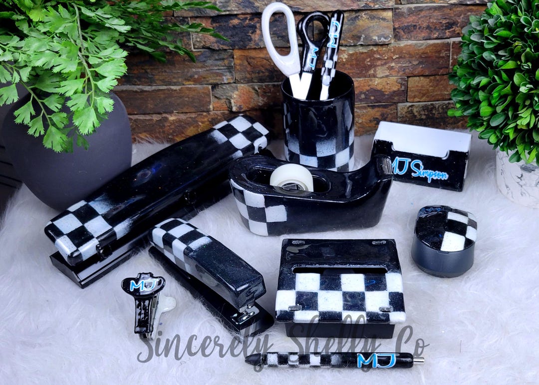 Personalized Checker Deskset, Black and White Office Supplies, Checker ...
