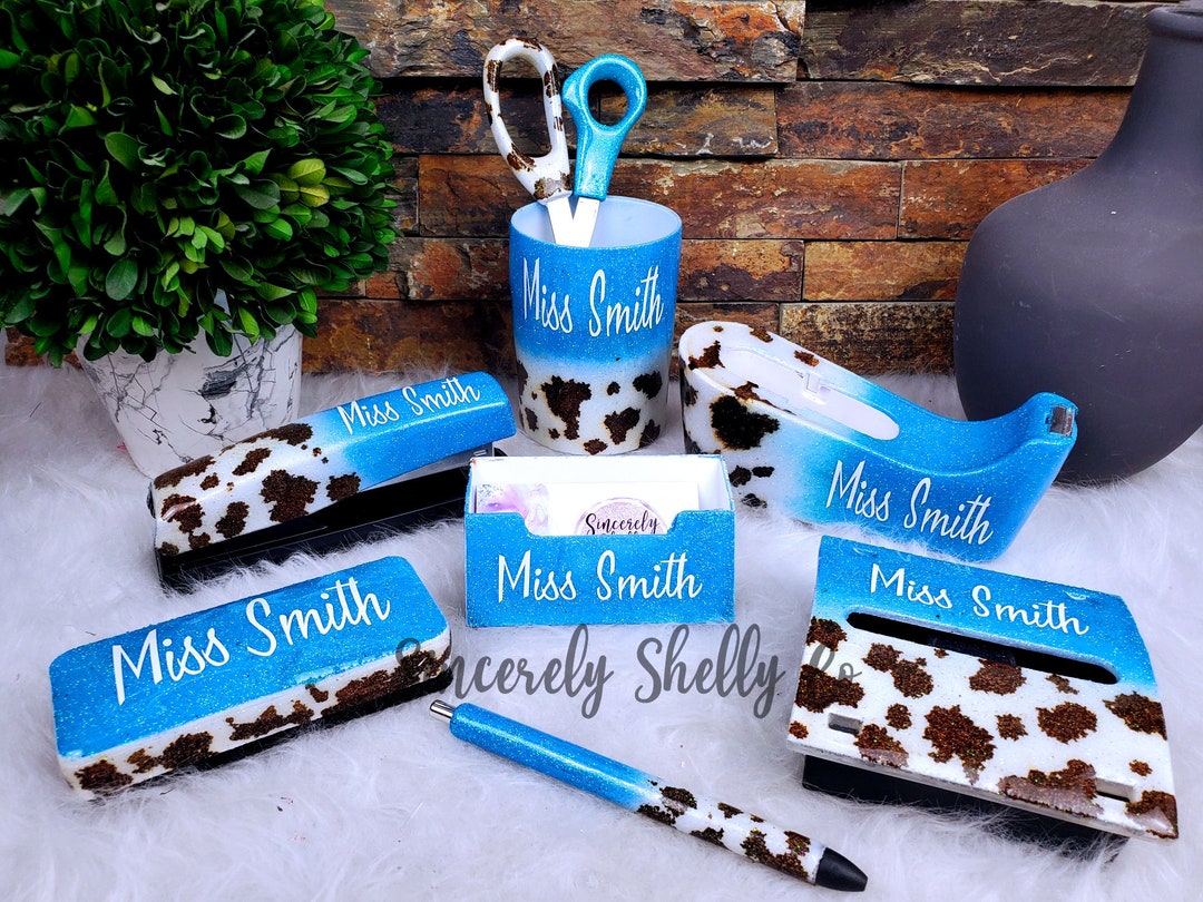 Cowhide Desk Set, Cow Print Stapler, Teacher Supply, Teacher Desk Set ...