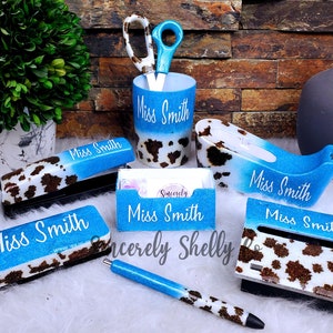 Cowhide Desk Set, Cow Print Stapler, Teacher Supply, Teacher Desk Set ...