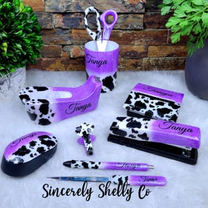 Cowhide Desk Set, Cow Print Stapler, Teacher Supply, Teacher Desk Set ...