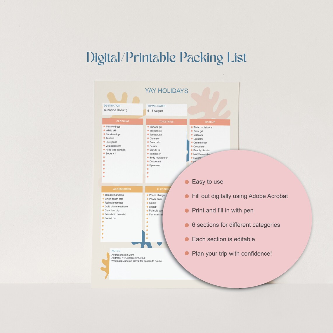 Digital Packing List, Printable List, Customisable List, Notepad ...