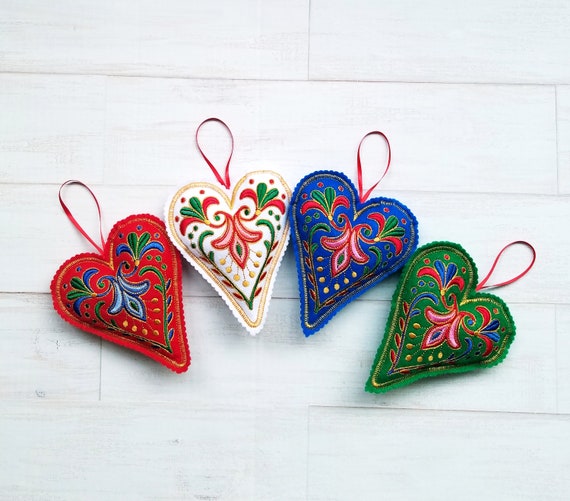 Embroidered Felt Heart Ornaments | Etsy
