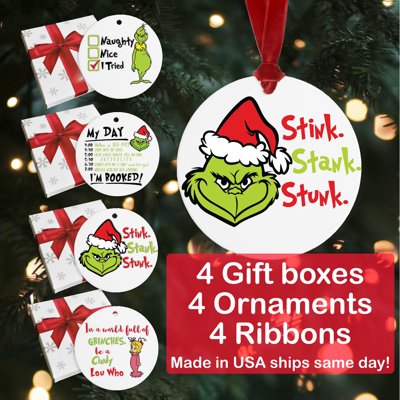 Grinch Christmas Ornaments 4 Pack Set Grinch Gift Set - Etsy